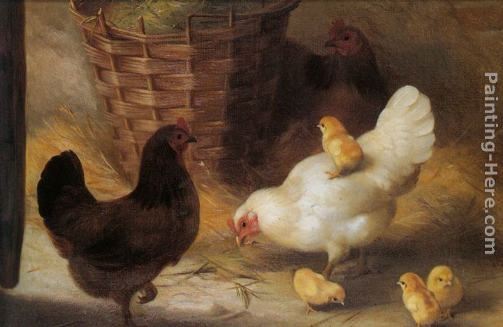 Edgar Hunt Donkey, Hens and Chickens in a Barn Painting ...