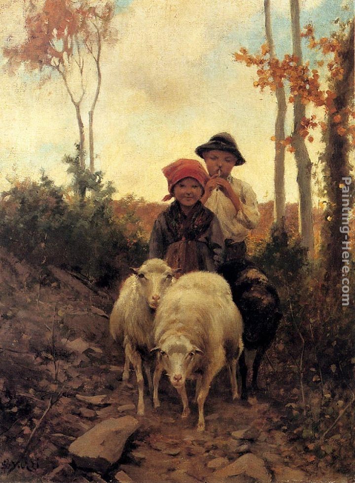Stefano Bruzzi Children With Sheep On A Path Painting ...