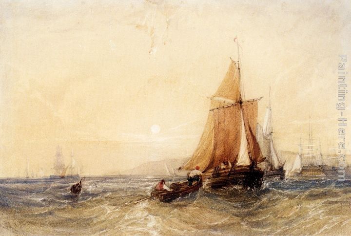 William Callow Fishing Boats Off The Coast At Sunset Painting ...